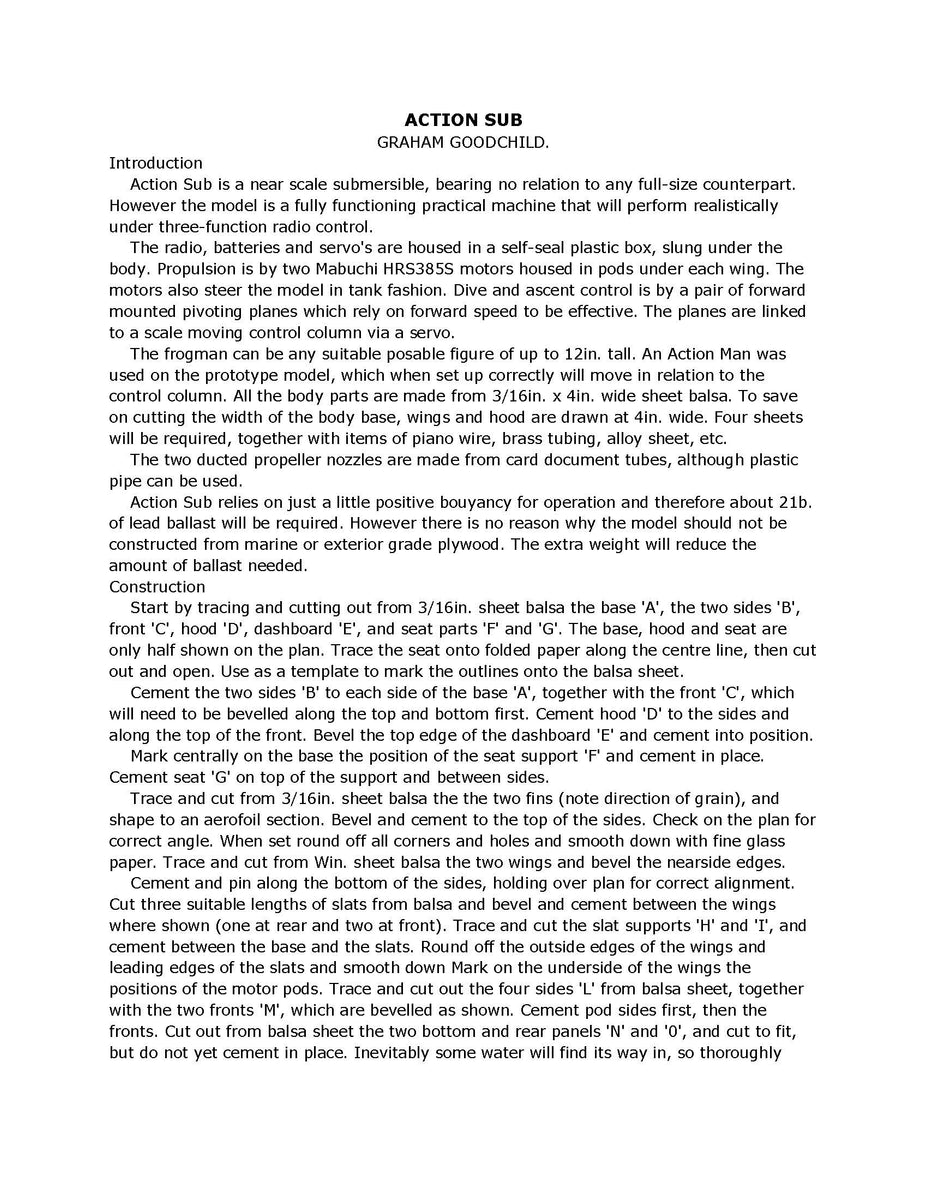 Full Size Printed Plan Semiscale Submersible all balsa construction Th ...