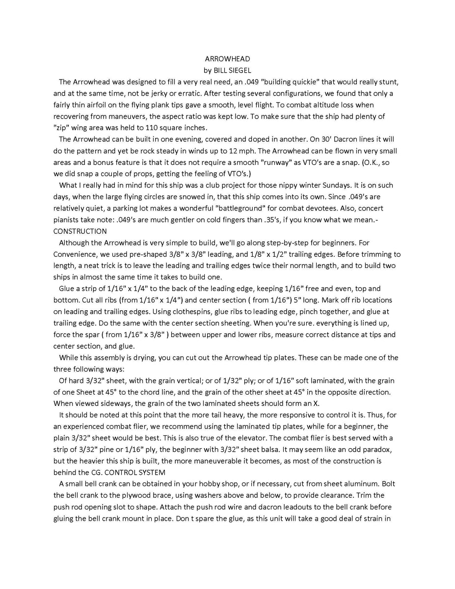 Full Size Printed Plan vintage 1962 Control Line Combat "ARROWHEAD " A ...