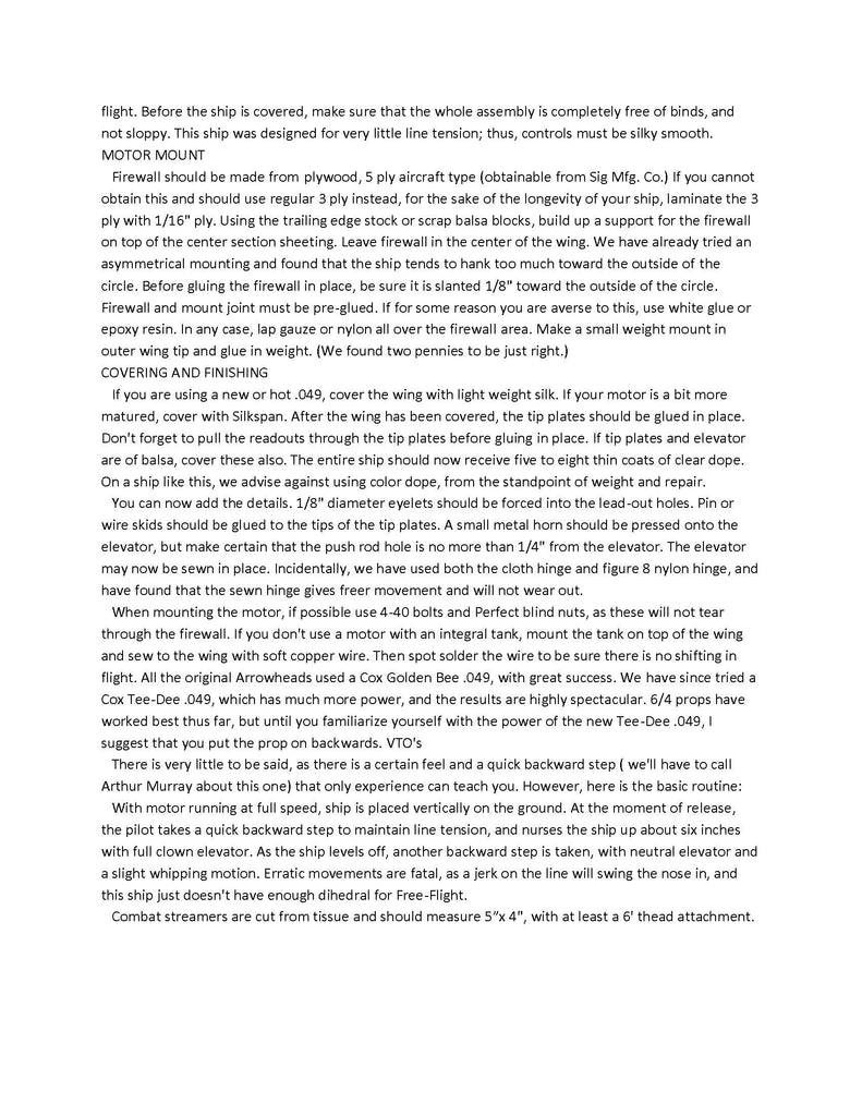 Full Size Printed Plan vintage 1962 Control Line Combat "ARROWHEAD " A ...