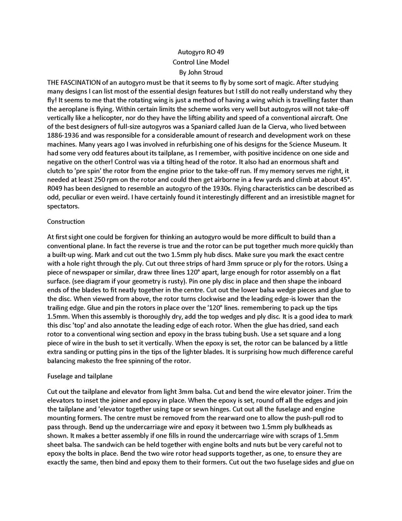 Full Size Printed Plan Control line R049 AUTOGYRO Rotor span 18” for.0 ...