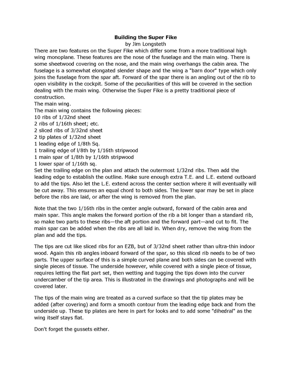 Full size printed plans Wingspan 13 3/4" Super Fike – Vintage Model Plans