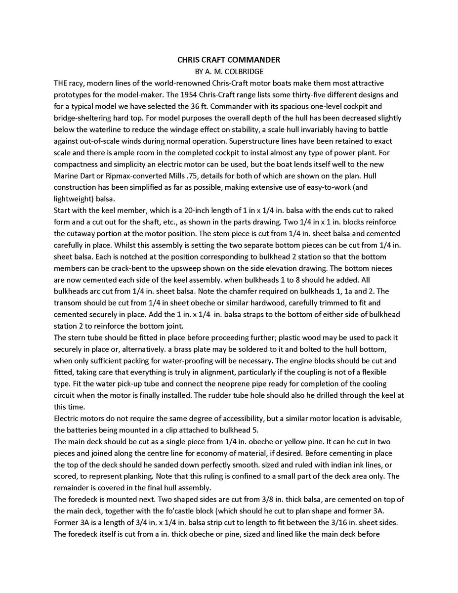 Full Size Printed Plan to Build a 1:20 Scale CHRIS CRAFT COMMANDER for ...