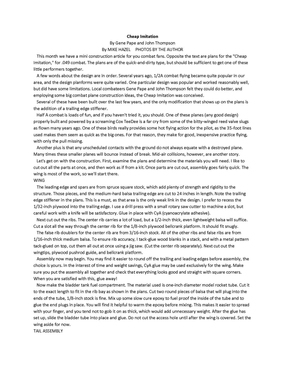 Full Size Printed Plan Control Line Combat "Cheap Imitation" Half A co ...