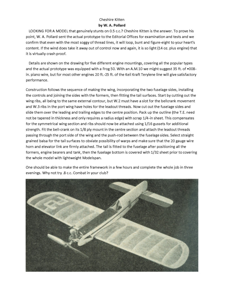 This is for Printed Plans VINTAGE 1958 Control Line Stunter Cheshire K ...