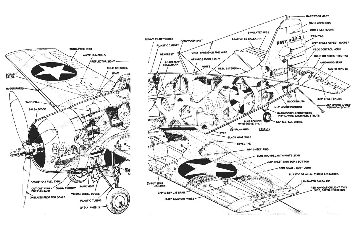 Full Size Printed Plans Control Line Scale 1:12 F4F-3 Grumman WILDCAT ...