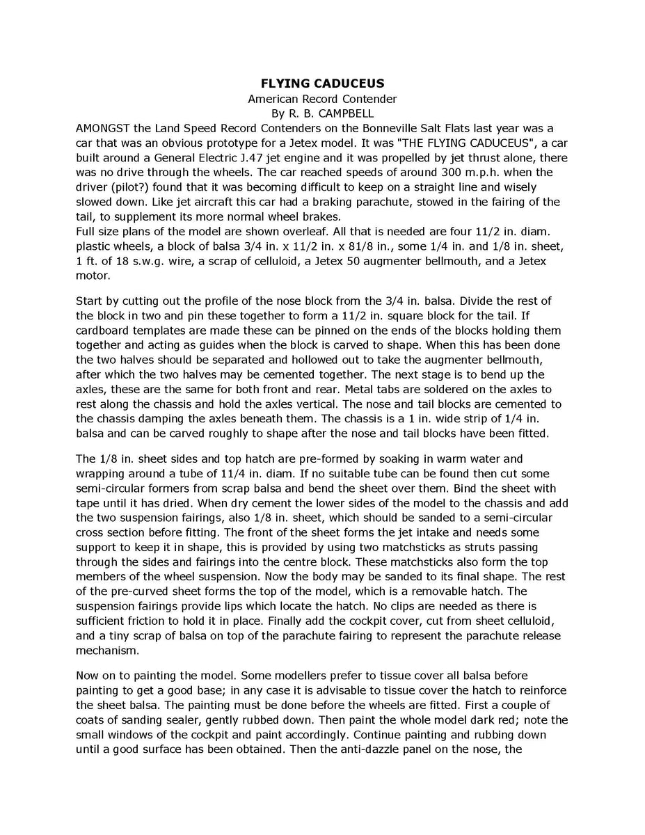 Full Size Printed Plan FLYING CADUCEUS Semi Scale L 10 ½” JETEX Jetmas ...