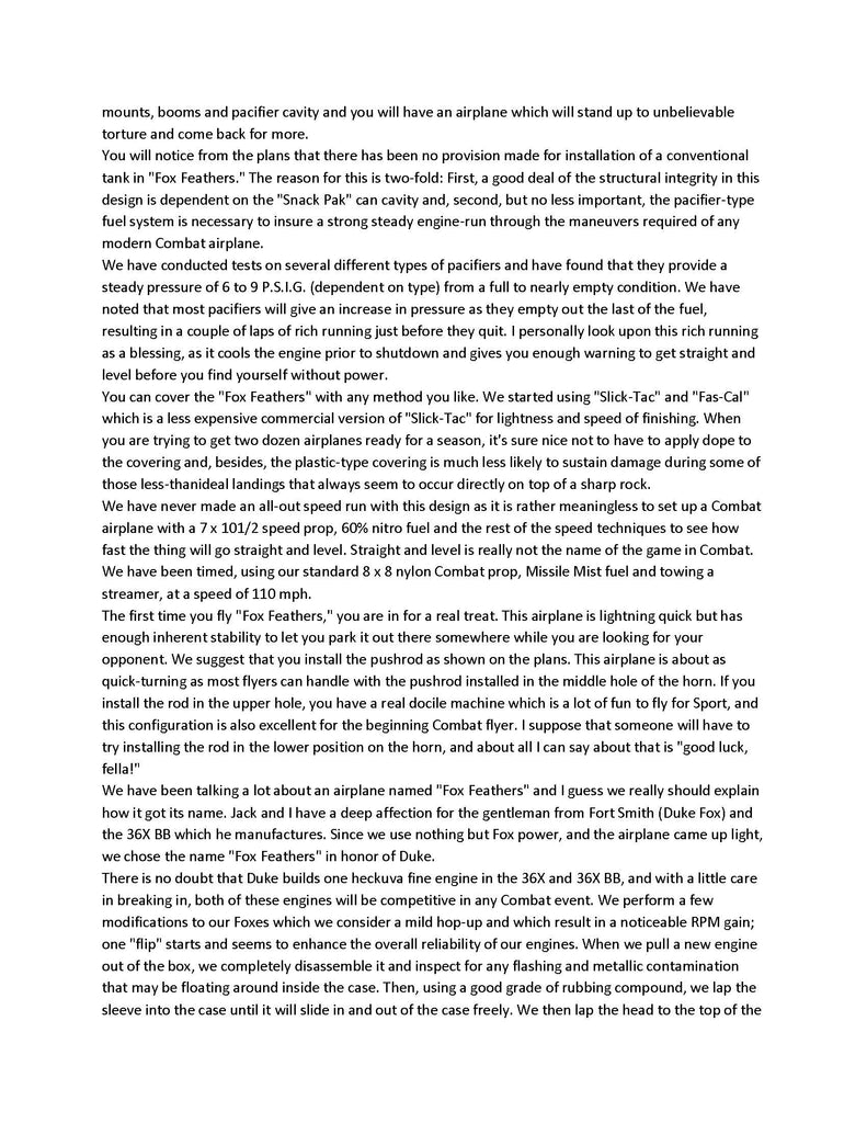 Full Size Printed Plan & Building Notes diamond airfoil Combat *FOX FE ...