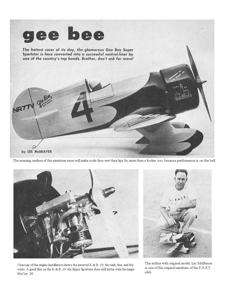Full size Printed Plans Scale 1:10 Control line GEE-BEE stable and smo ...