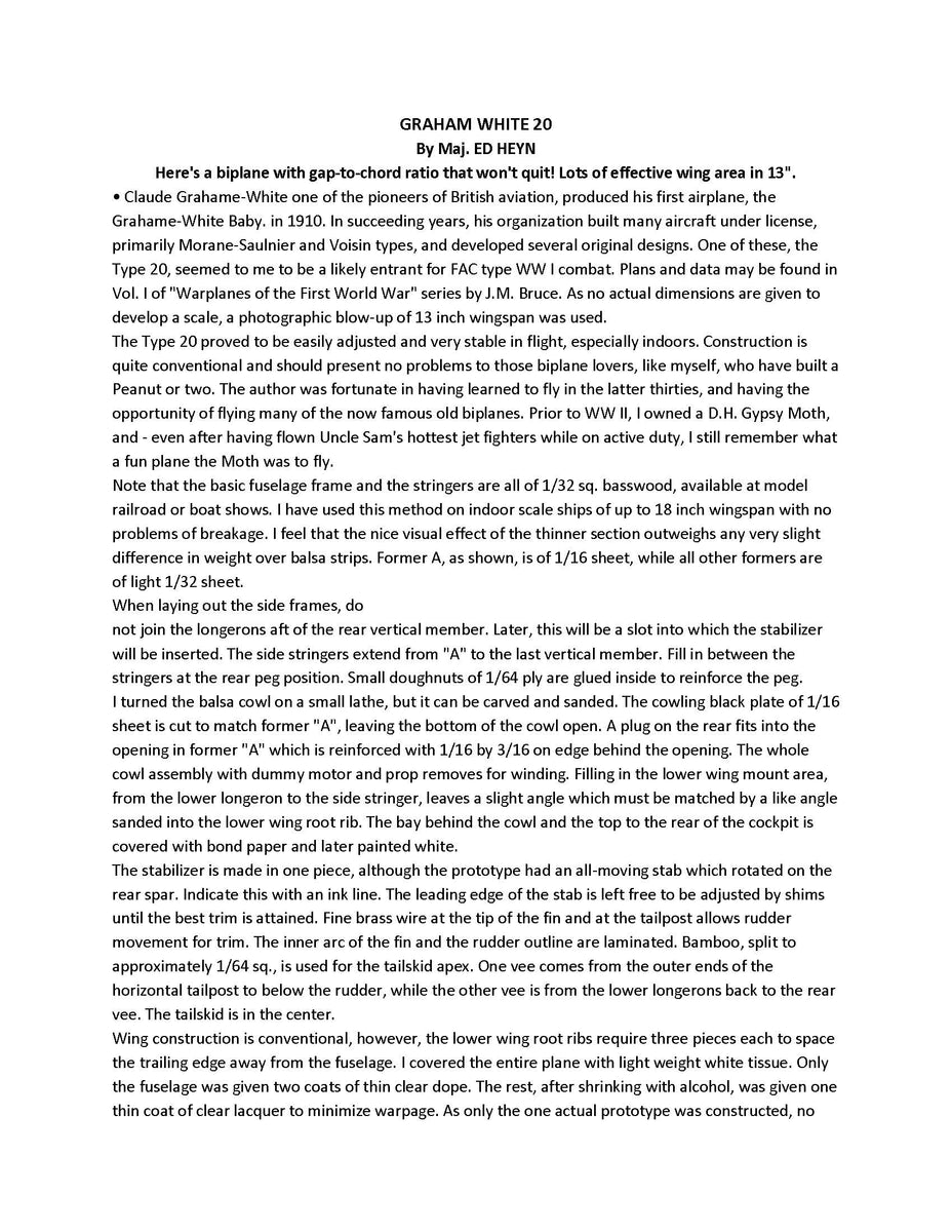 Full Size Printed Plans Peanut Scale "Grahame-White 20" easily adjuste ...