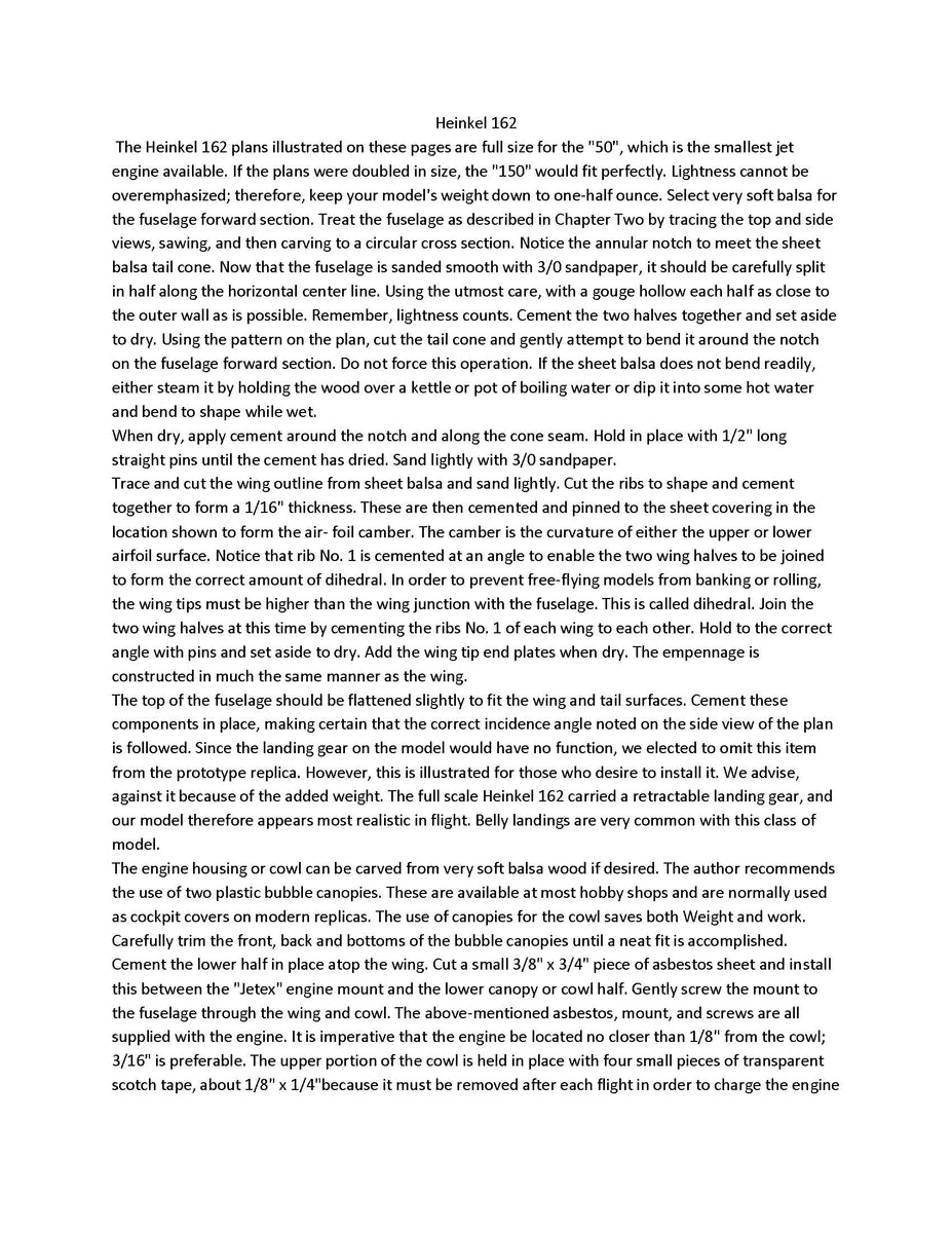 Full Size Printed Plan Semi-Scale 1:8 & 1:16 Heinkel 162 Jetex 150 , 5 ...