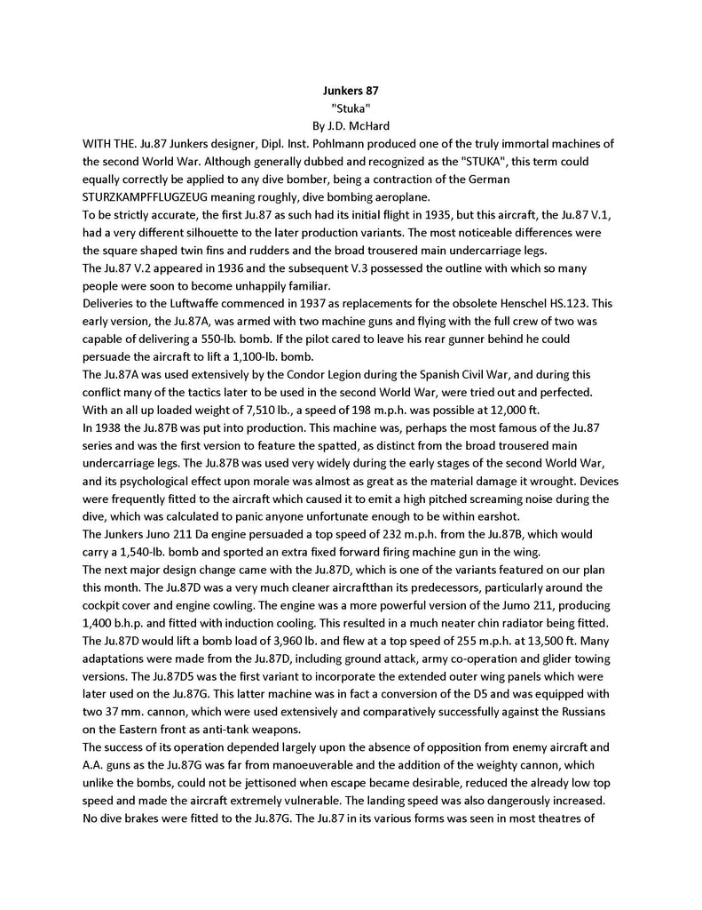 Full size printed plan and Building notes Junkers Ju.87D Scale 1:32 (3 ...