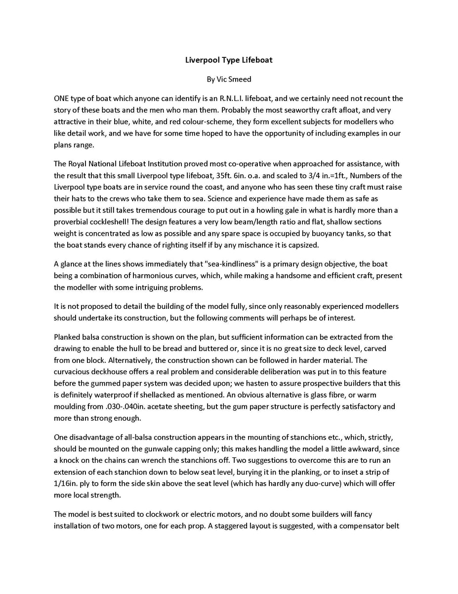 Build a Liverpool type lifeboat, 35ft. 6in. o.a. and scaled to 3/4 in ...