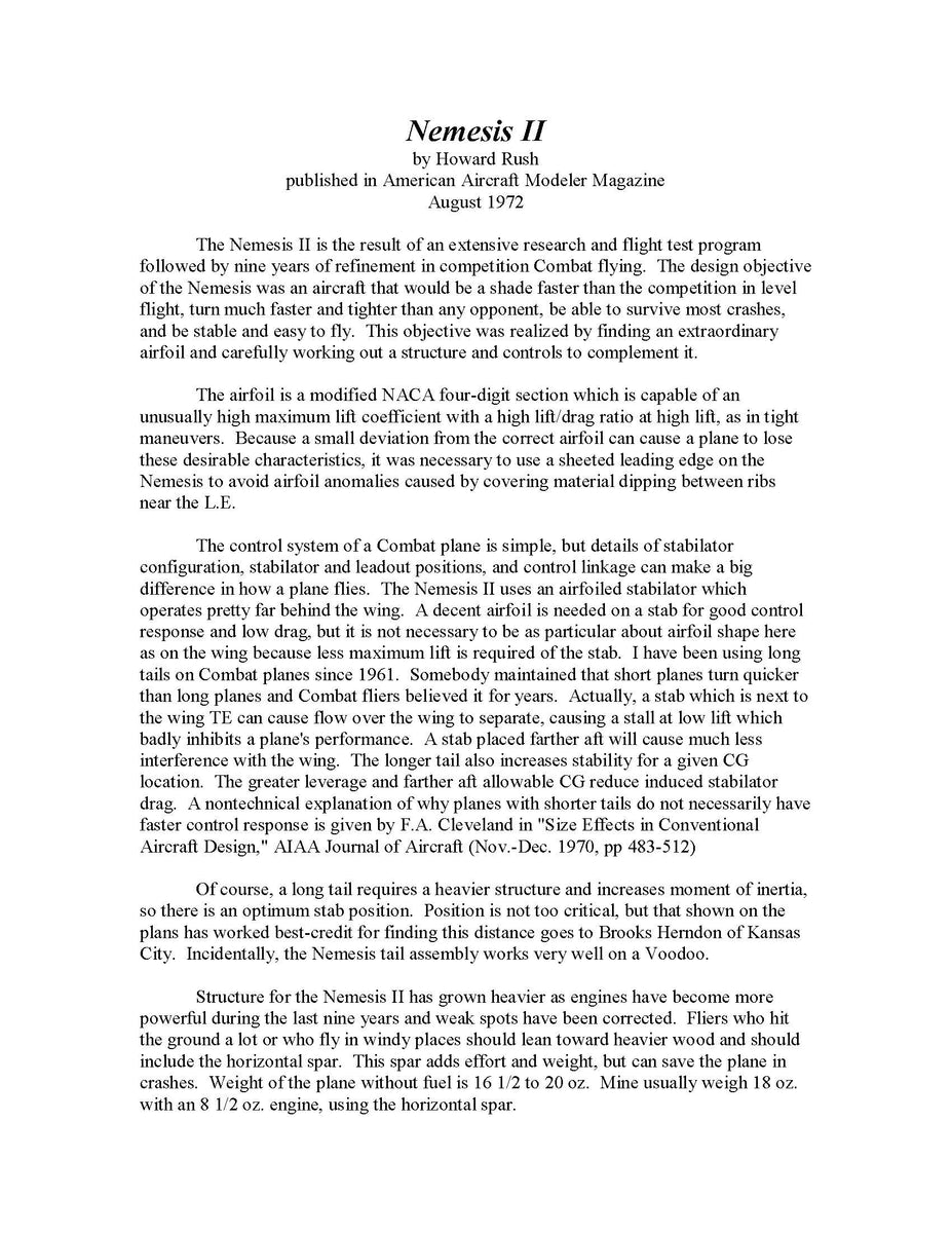 Full Size Printed Plan & Building Notes Combat *Nemesis II* W/S 39” En ...