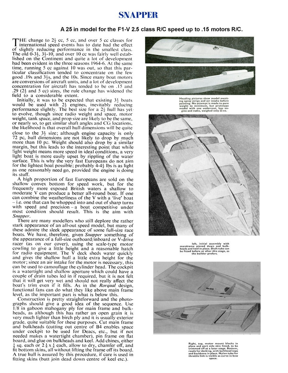 Full Size Printed Plan racing boat 25 in, "SNAPPER" for MULTI CHANNEL ...