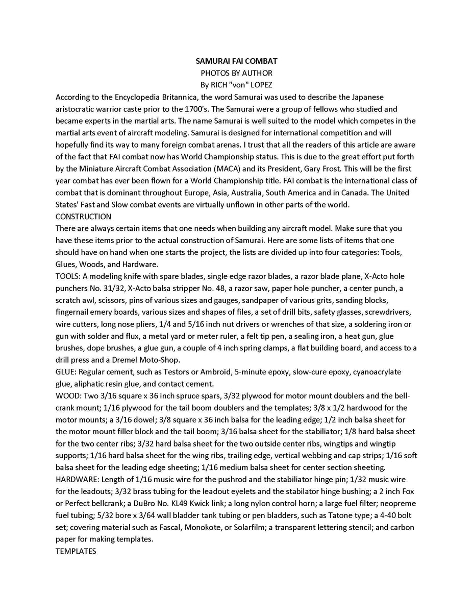 Full Size Printed Plan & Building Notes FAI Combat ** SAMURAI ** Wings ...