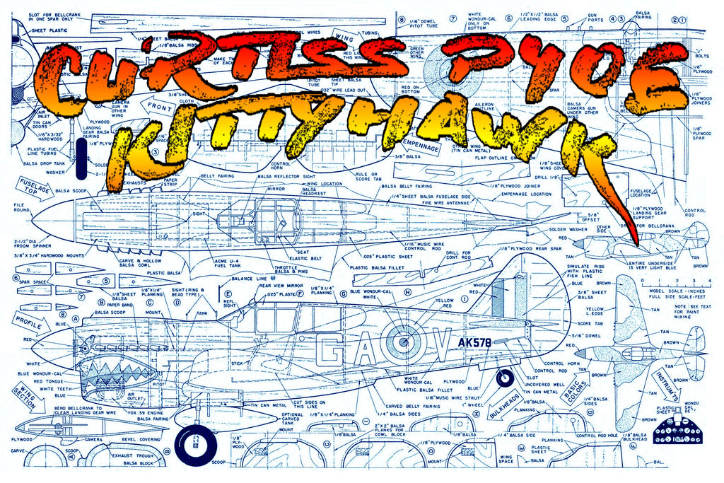 Full Size PLANS CONTROL LINE Scale 1"=1' CURTISS P40E KITTYHAWK Wingsp ...