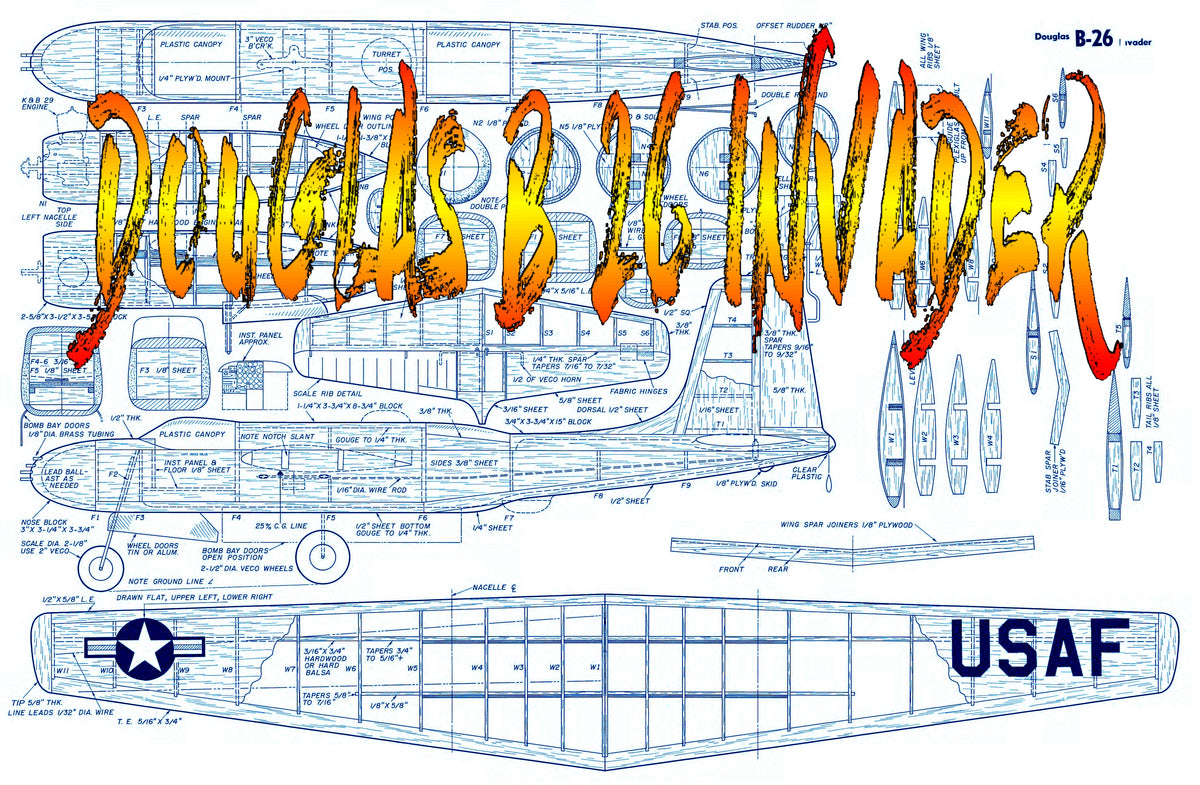 Full size Printed Plans Scale 1:16 Control line DOUGLAS B 26 INVADER s ...