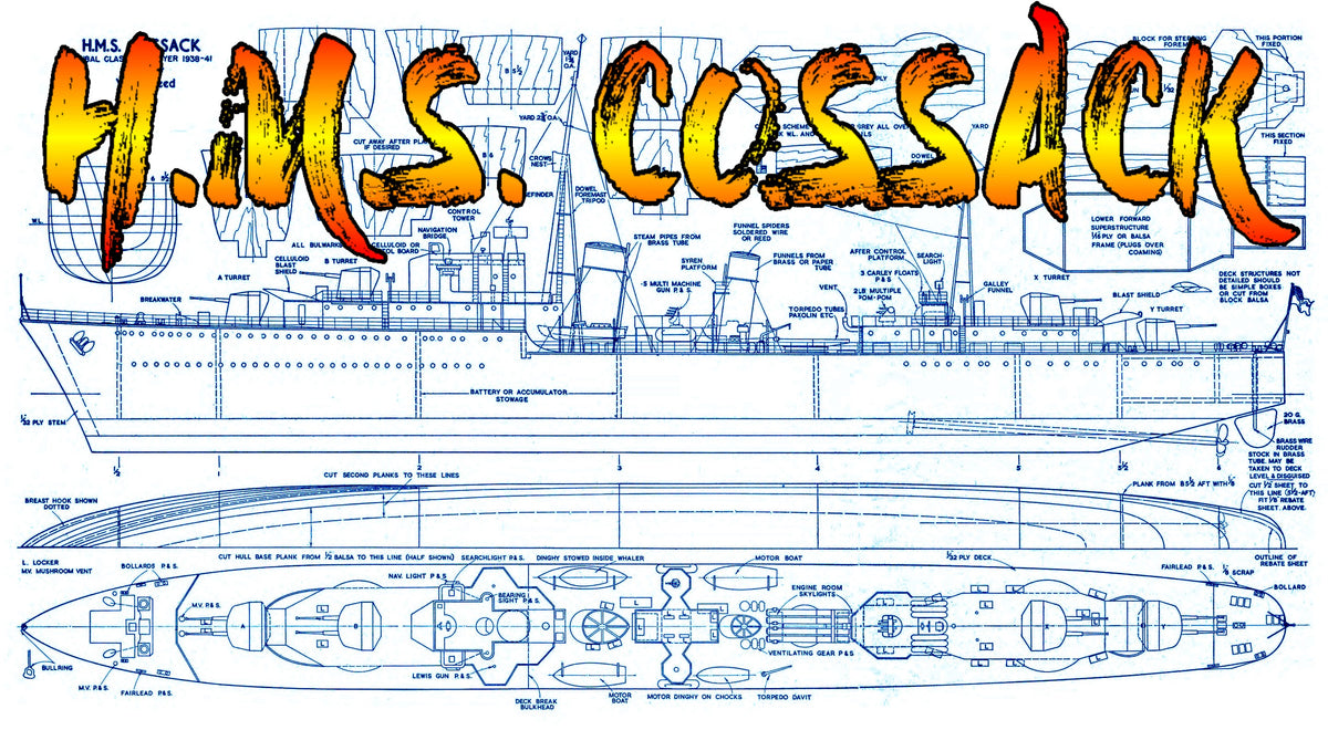 Full Size Printed Plan Vintage 1958 Scale 1/10” = 1ft H.M.S. COSSACK T ...