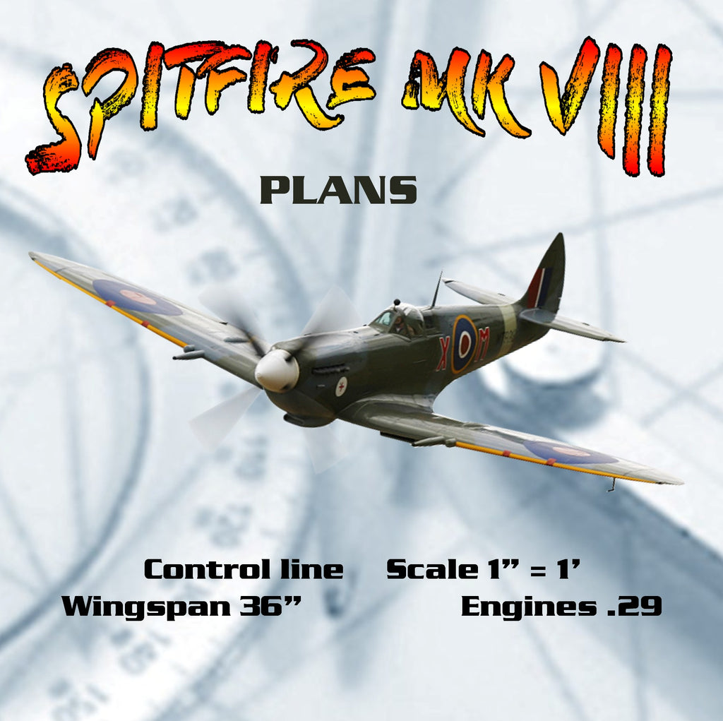 Full size printed plans Control line Scale 1” = 1’ SPITFIRE MK VIII Wi ...