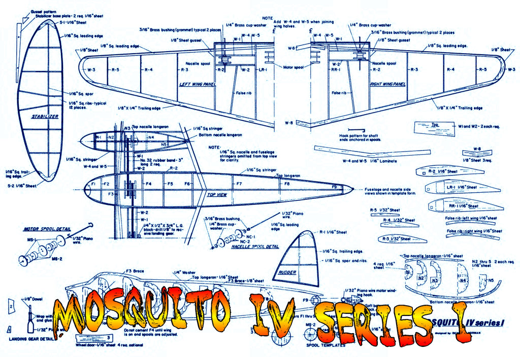 Full size printed plan MOSQUITO IV SERIES I Scale 1:27 Wingspan 24" Tw ...