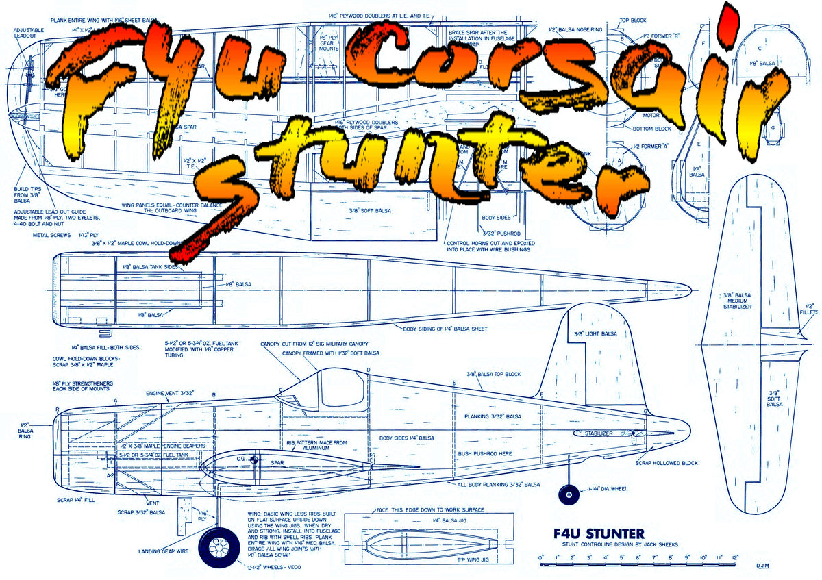 Full Size printed plan Stunt Control Line 58" Wingspan F4U Corsair ...