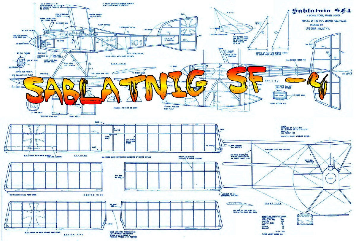 Full size printed plan SABLATNIG SF -4 Scale 1:20 Wingspan 19” Power R ...