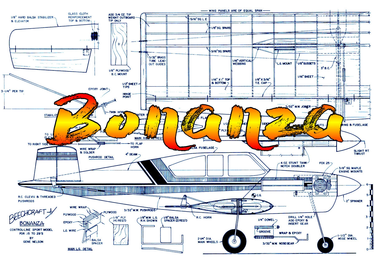 Full Size Printed Plan Control line Stunter Bonanza Profile Flying the ...