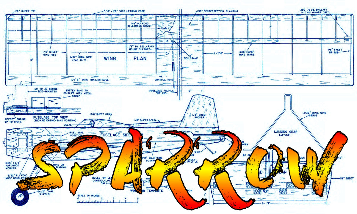Full Size Printed Plan “profile trainer" control‑line Sparrow Wingspan ...