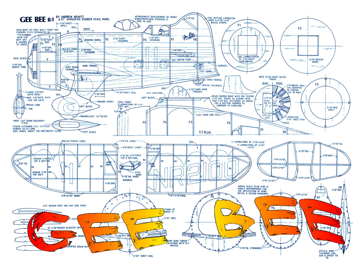 Full size printed plan Gee Bee Scale 1/12 Wingspan 21” Power Rubber ...