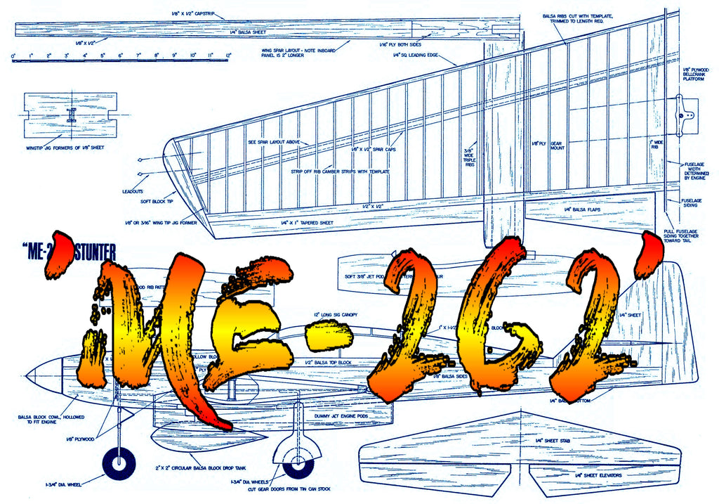 Full Size Plans VINTAGE 1967 Semi-Scale Control line ‘ME-262’ a realis ...