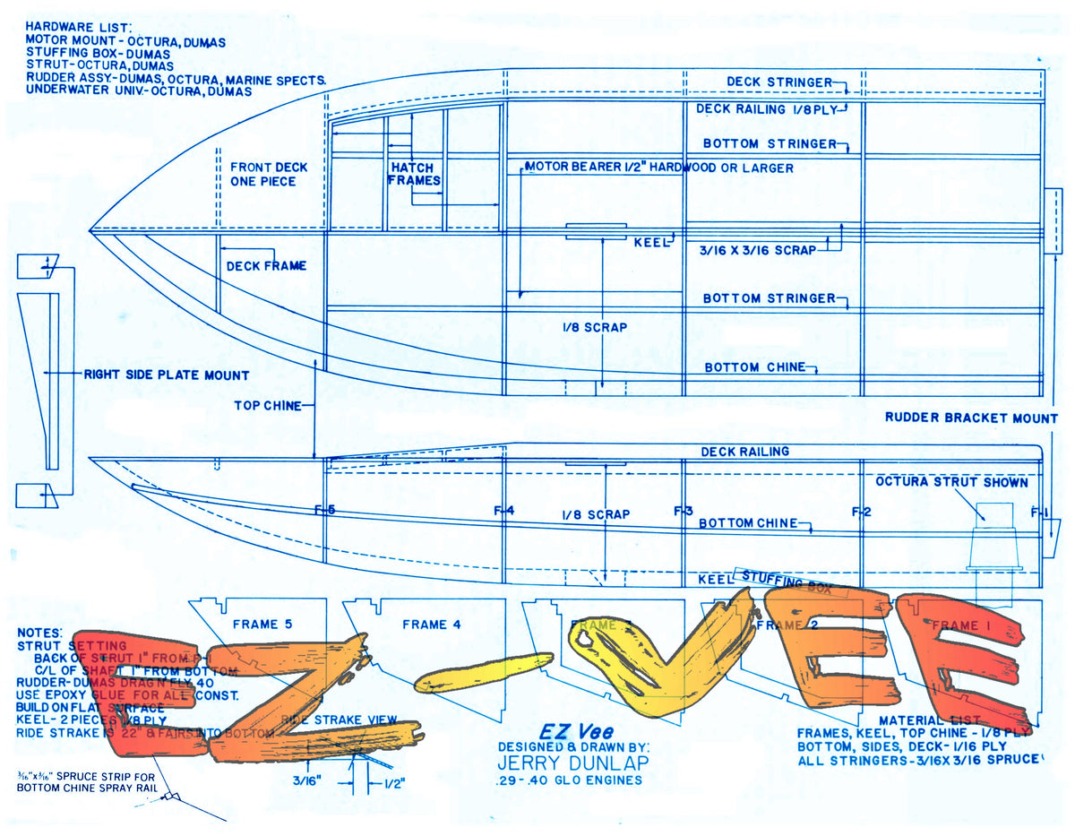 Full Size printed Plan L 32" B 11" Engine .40 easy build Racing boat f ...