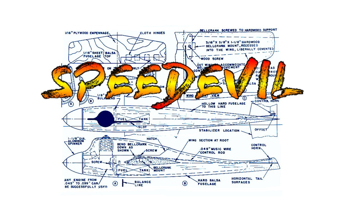 Full Size Printed Plan 1/2 A Control Line Speed SPEEDEVIL WINGSPAN 9 ...