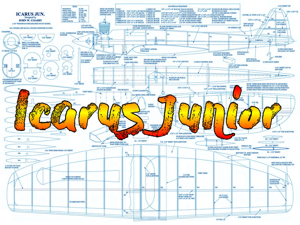 Full Size Plans Vintage 1951 Control line Stunter "Icarus Junior" VERS ...