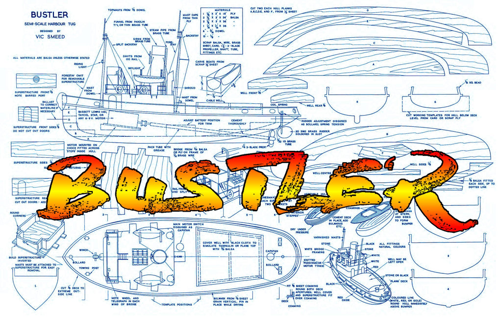 Full Size Printed Plan A NEAR - SCALE HARBOUR TUG BUSTLER 18" L.O.A. P ...