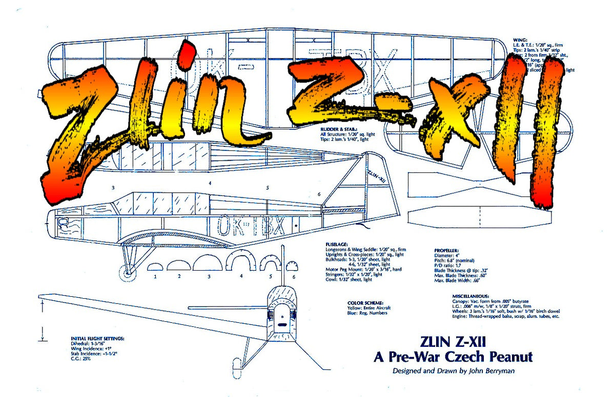 Full size printed plans Peanut Scale "Zlin Z-XII" Ready to try a low w ...