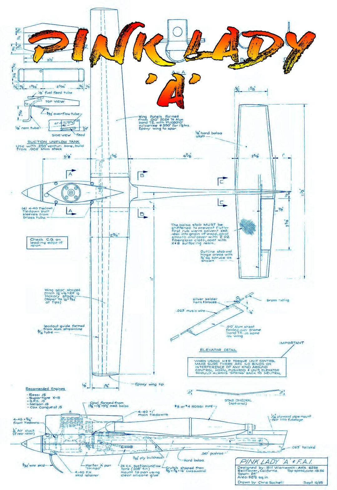Full Size Printed Plan Control Line Speed PINK LADY CLASS ‘A’ WINGSPAN ...