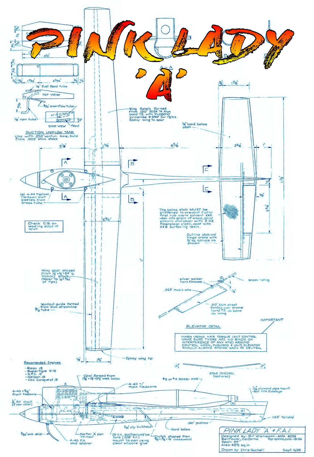 Full Size Printed Plan Control Line Speed PINK LADY CLASS ‘A’ WINGSPAN ...