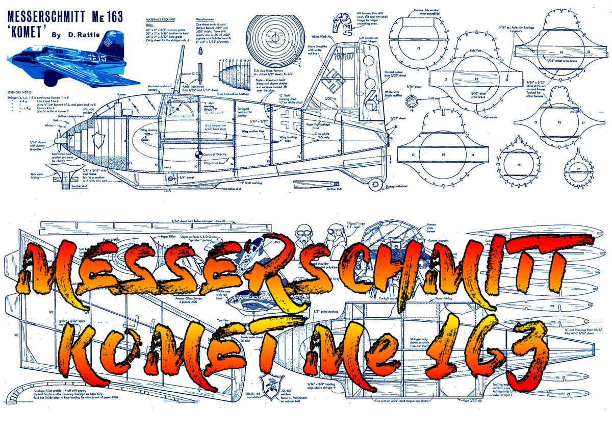 Full Size Printed scale 1:12 MESSERSCHMITT KOMET Me 163 Glider or conv ...