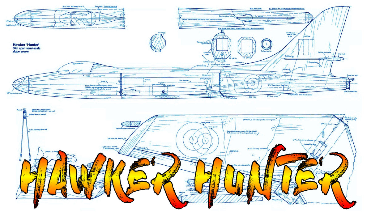 Full Size Printed Plan Semi-scale HAWKER HUNTER glider W/s 36" for Rag ...