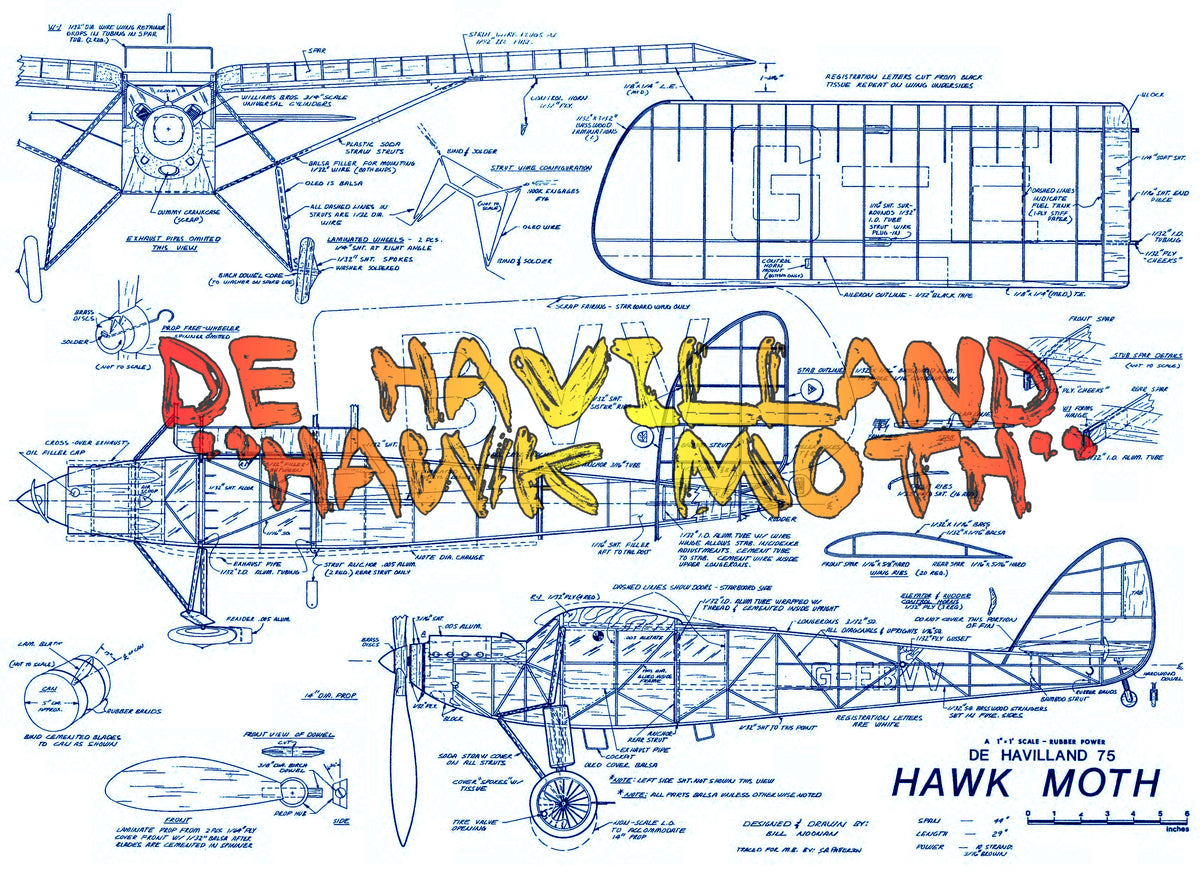 Full Size Printed Plans DE HAVILLAND "HAWK MOTH” Scale 1:12 (1”=1ft) W ...