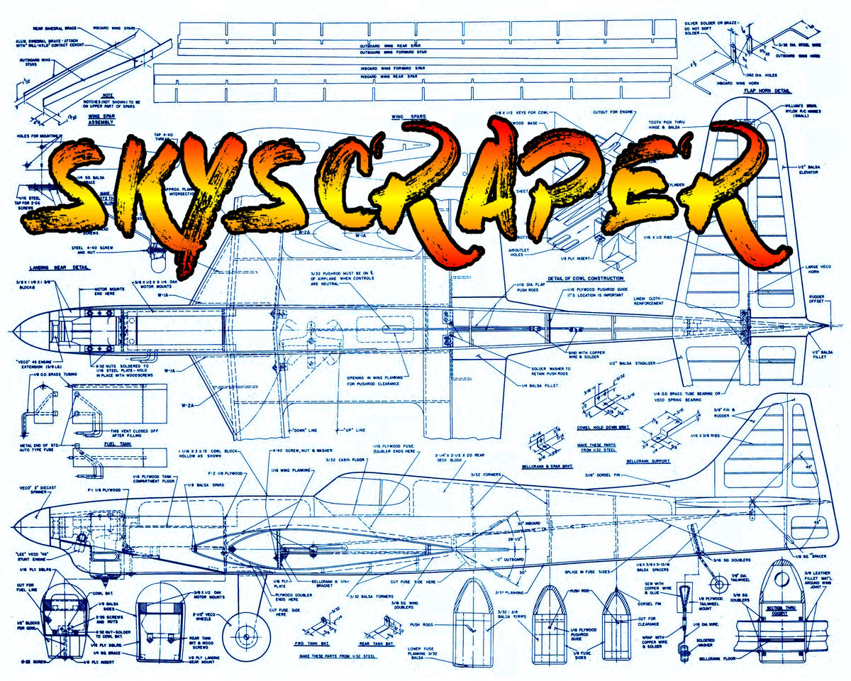 Full Size Printed Plan 1963 Control Line Stunt SKYSCRAPER W/S 60" Engi ...