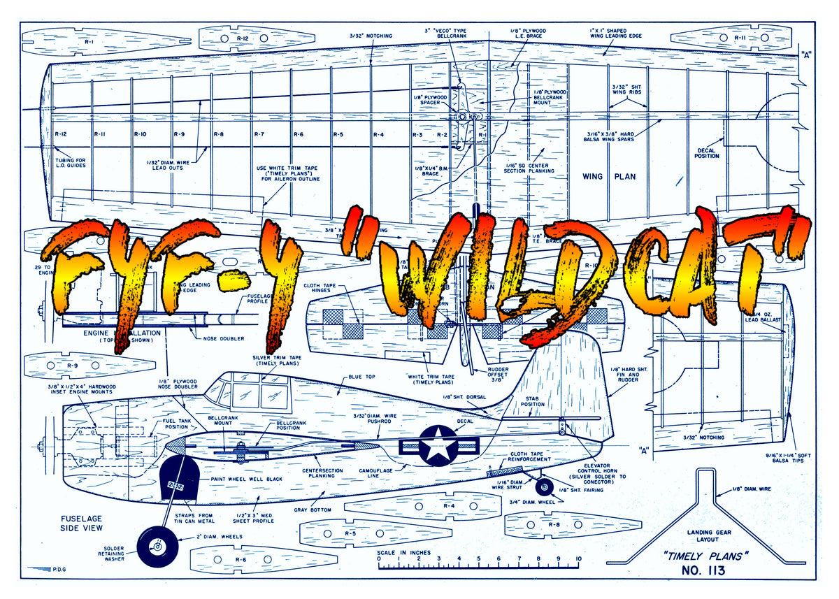 Full Size Printed Plan CONTROL LINE F4F-4 "WILDCAT" STUNT or COMBAT SC ...
