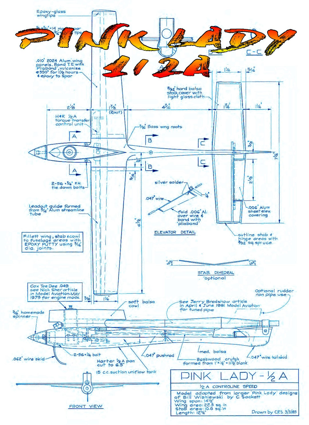 FULL SIZE PLANS CONTROL LINE SPEED PINK LADY CLASS ½ A WINGSPAN 14 1/2 ...