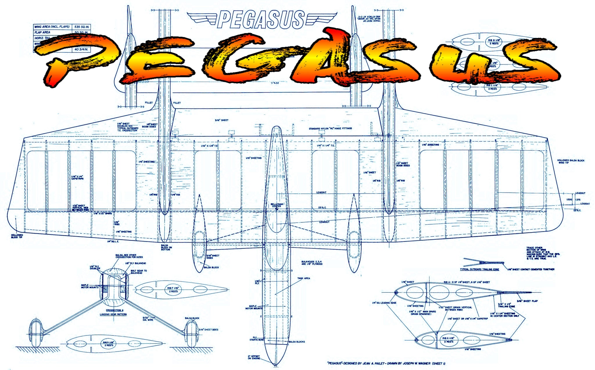 Full size printed plan Vintage 1964 Control Line Stunter .35 PEGASUS ...