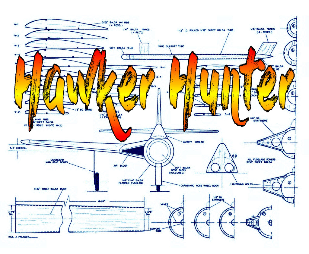 Full Size Printed Plan Semi-Scale 1:12 Free Flight Hawker Hunter .049 ...