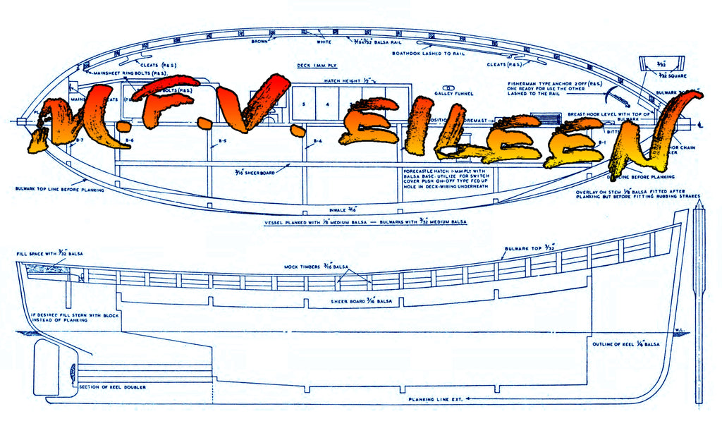 Full Size Printed Plans inshore fishing boat M.F.V. EILEEN Scale 1:24 ...