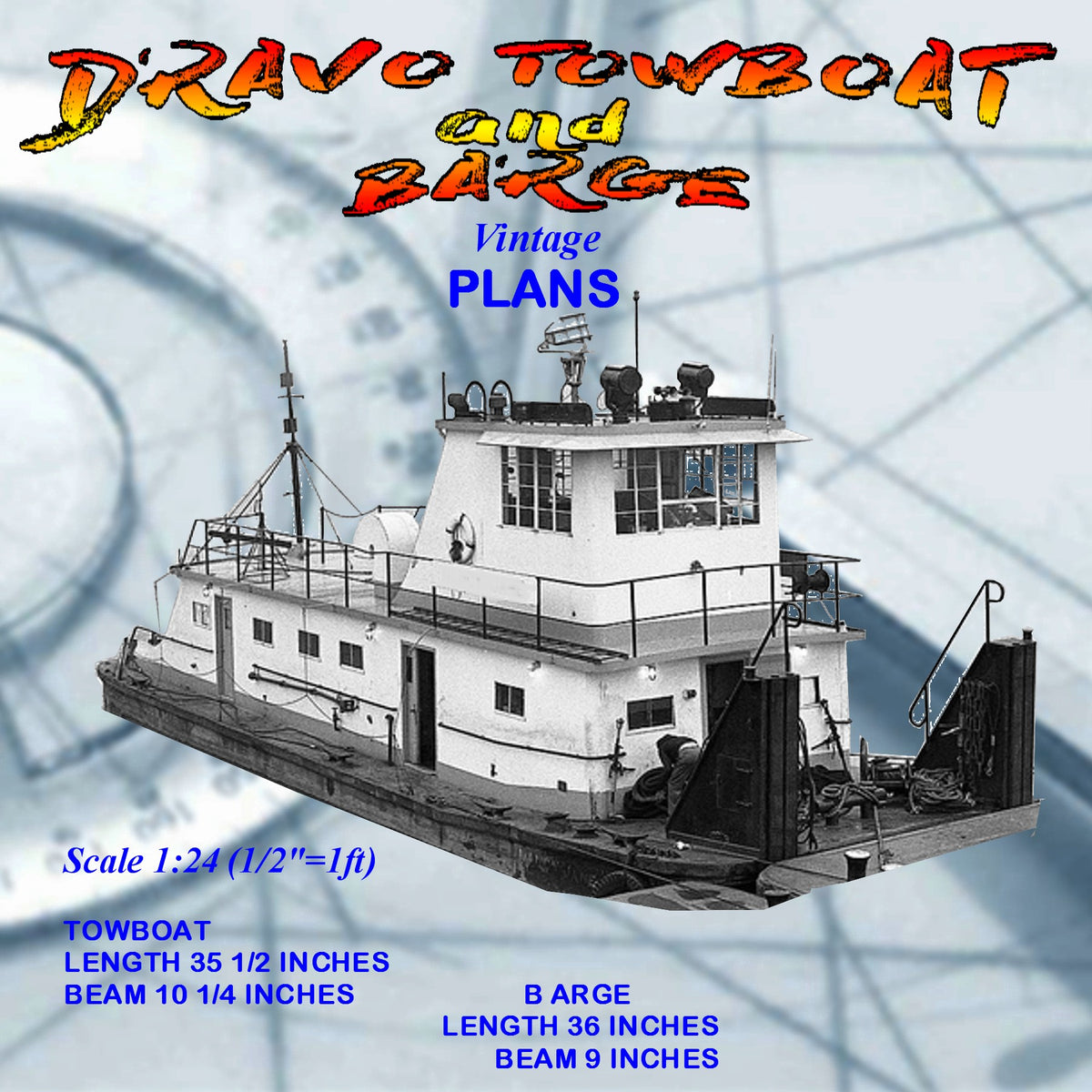 Full Size Printed Plans Scale 1:24 DRAVO TOWBOAT and BARGE suitable fo ...
