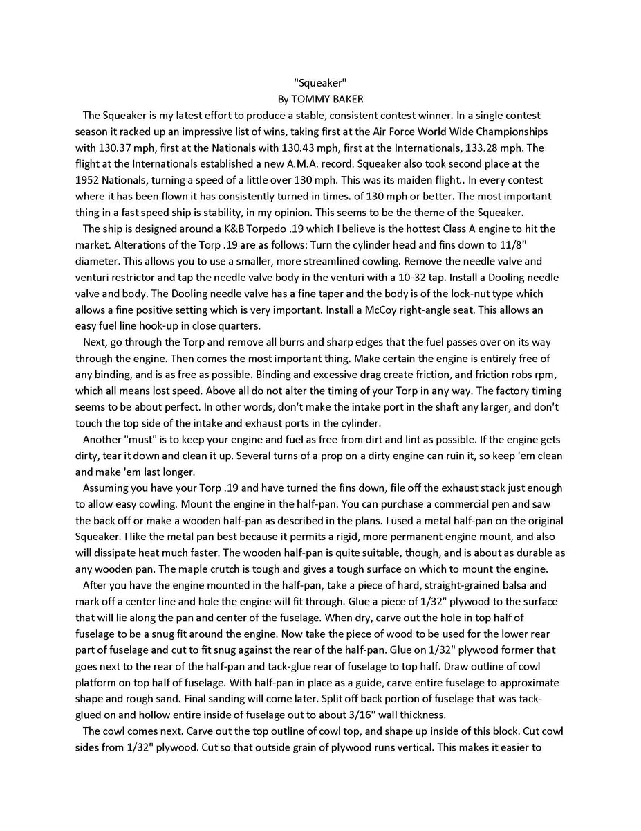 Full Size Printed Plan 1954 CONTROL LINE SPEED'Squeaker" this Cl. A wo ...