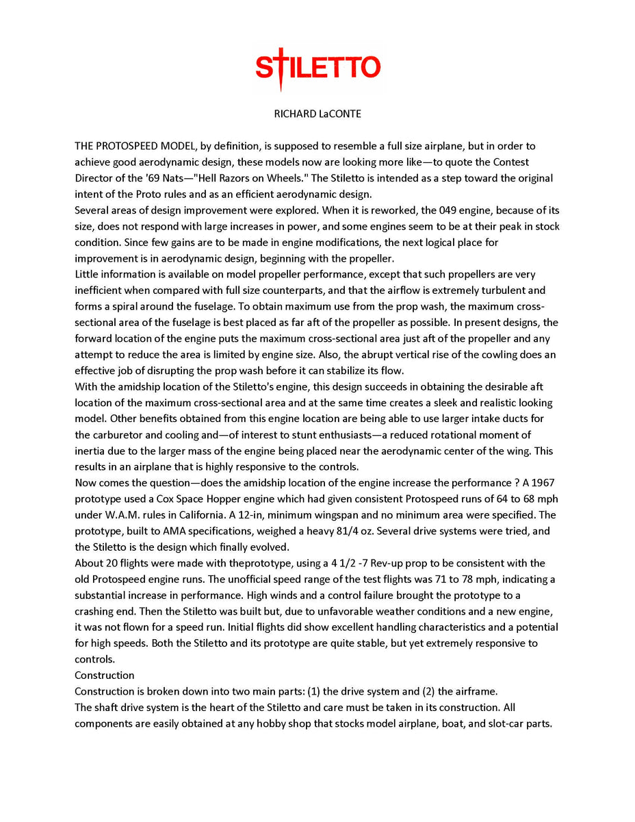 Full Size Printed Plan 1/2 A Proto Control Line Speed STILETTO Wingspa ...