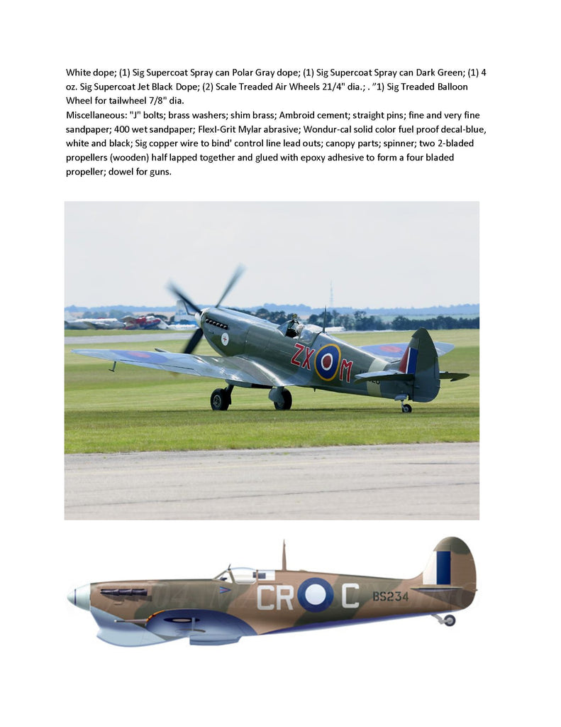 Full size printed plans Control line Scale 1” = 1’ SPITFIRE MK VIII Wi ...